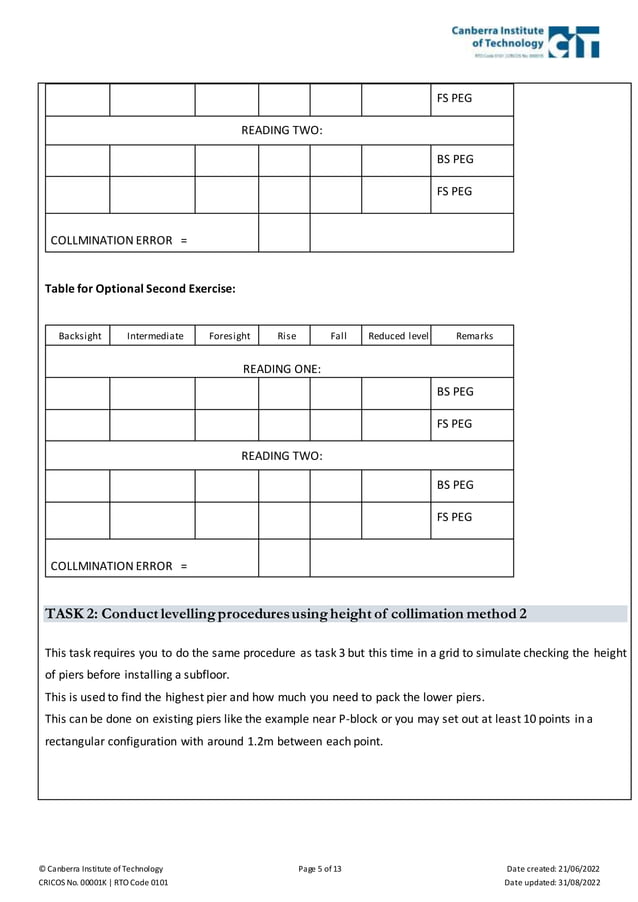 2. Practical assessment Carry out Levelling Operations | PDF