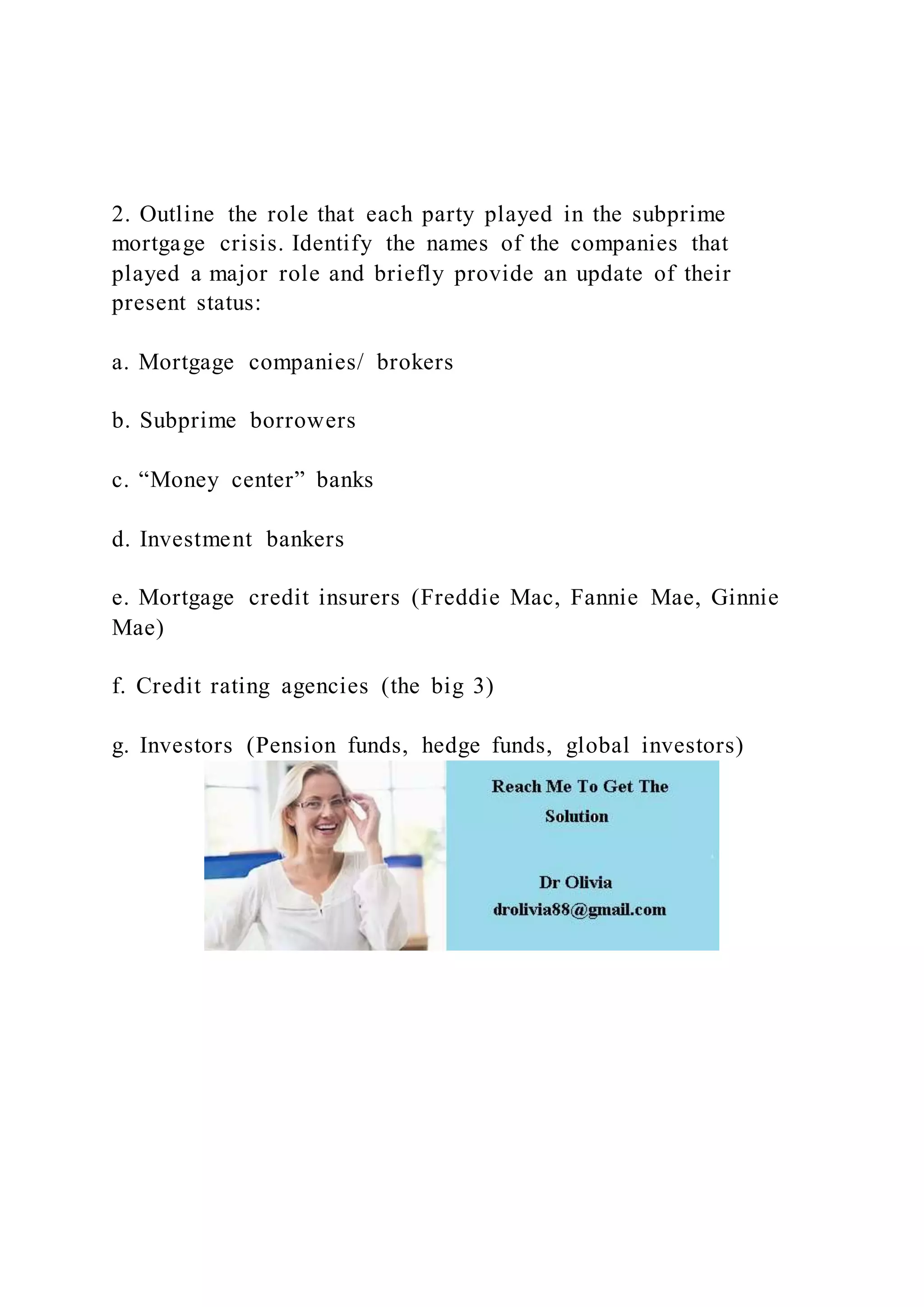 2. Outline the role that each party played in the subprime mortg | DOCX