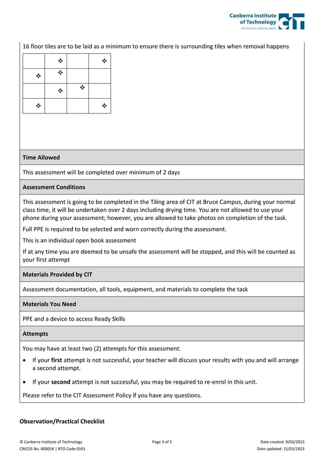 Practical Assessment_ Repair wall and floor tiling.docx | Educational ...