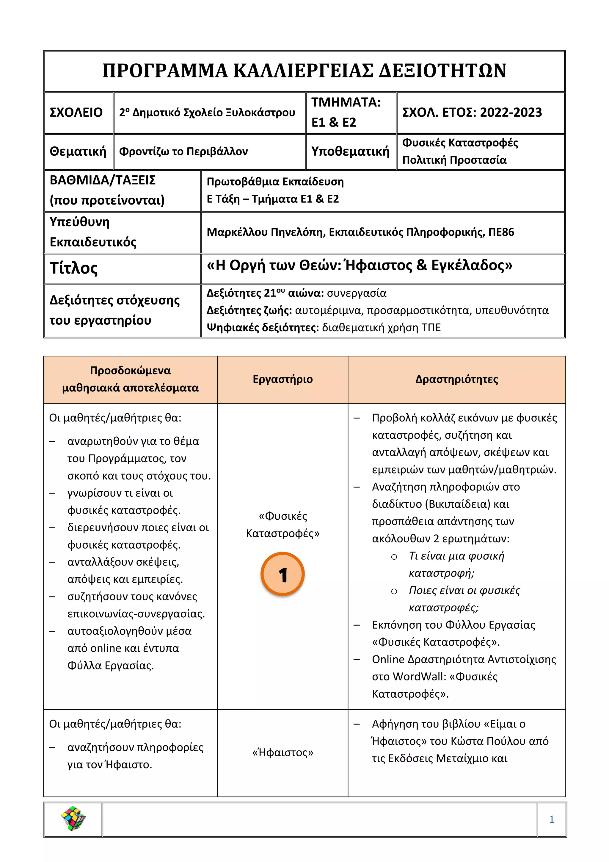 Εργαστήρια Δεξιοτήτων: "Η Οργή των Θεών: Ήφαιστος & Εγκέλαδος" | PDF