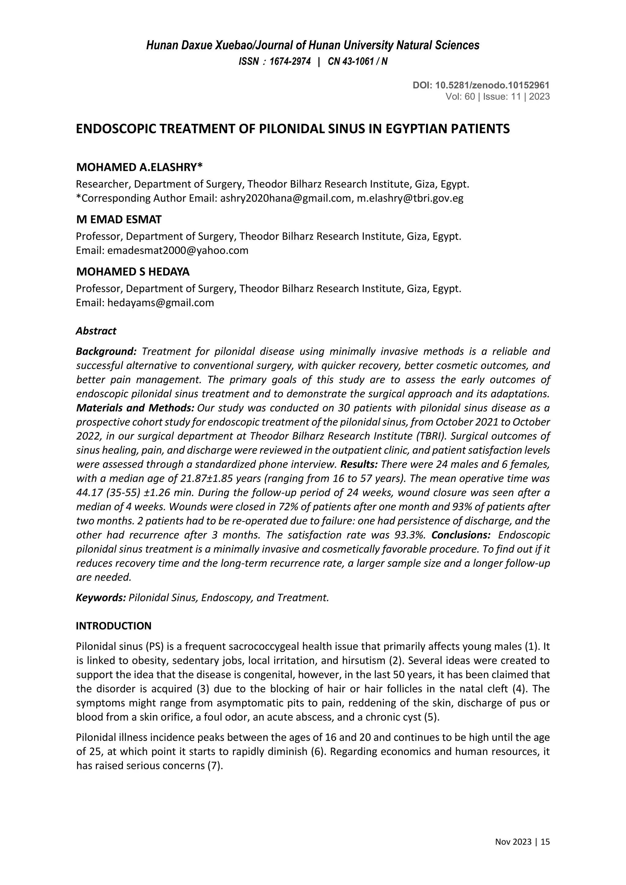 ENDOSCOPIC TREATMENT OF PILONIDAL SINUS IN EGYPTIAN PATIENTS | PDF