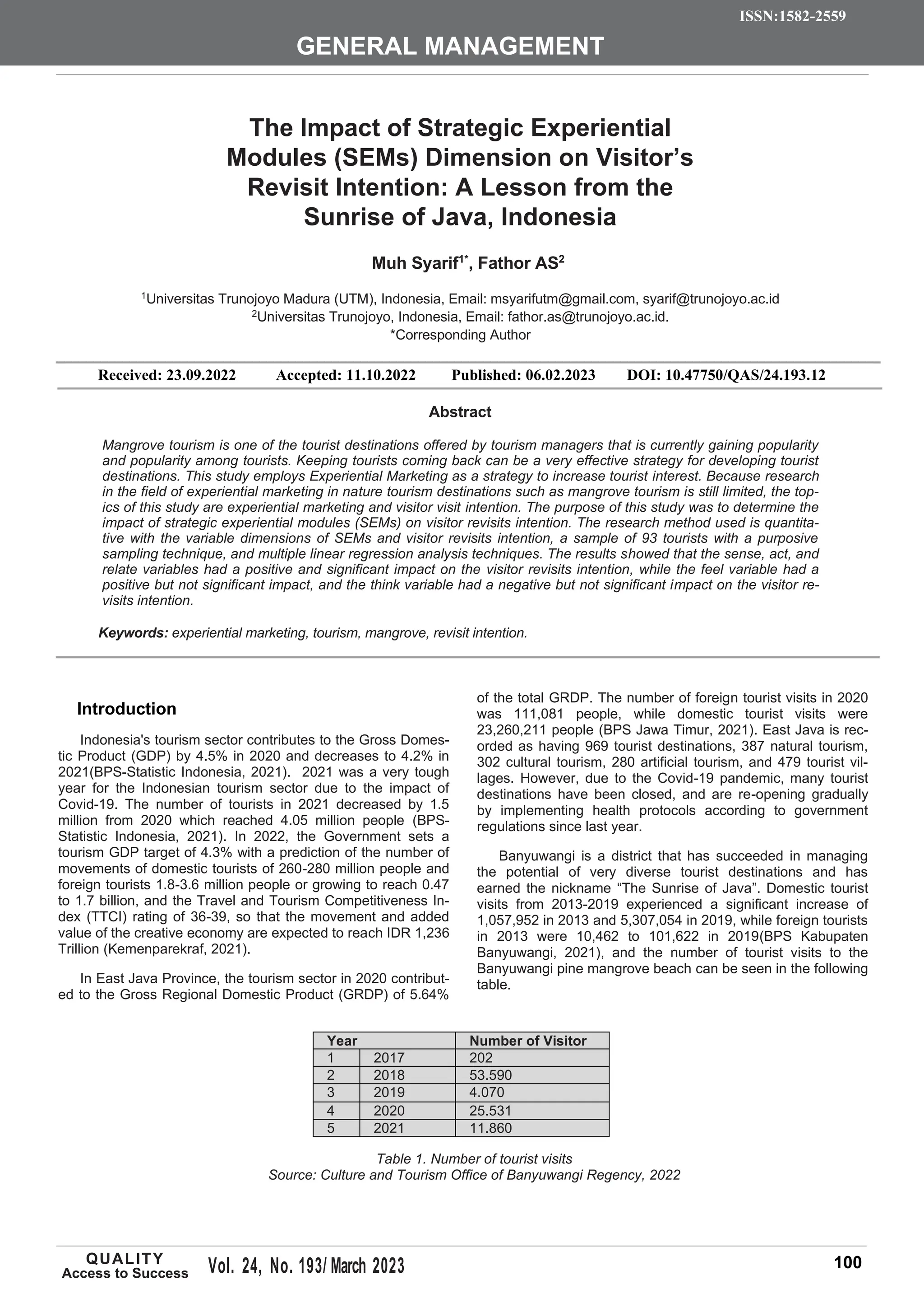 The Impact of Strategic Experiential Modules (SEMs) Dimension on Visitor’s Revisit Intention | PDF