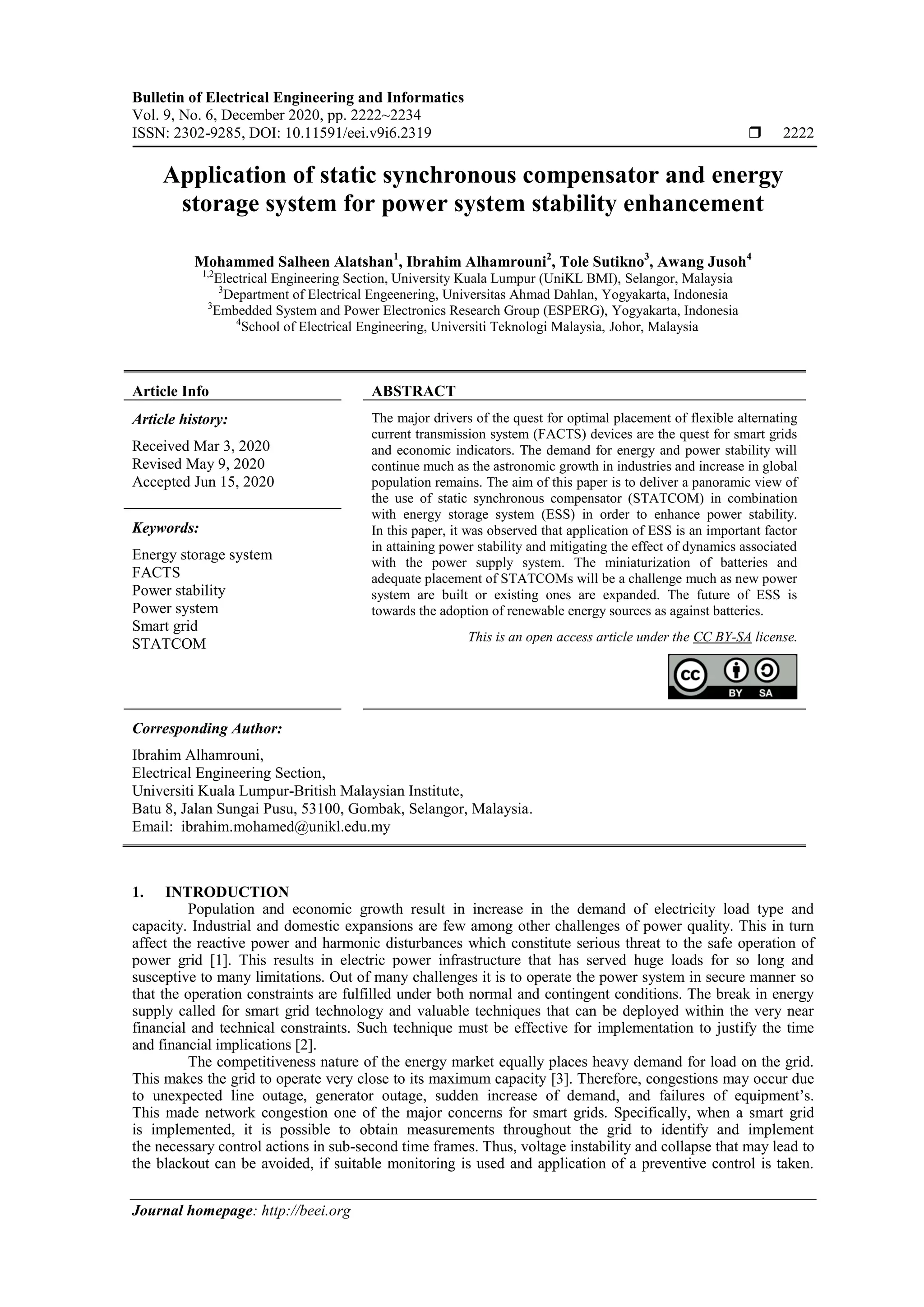 Application Of Static Synchronous Compensator And Energy Storage System