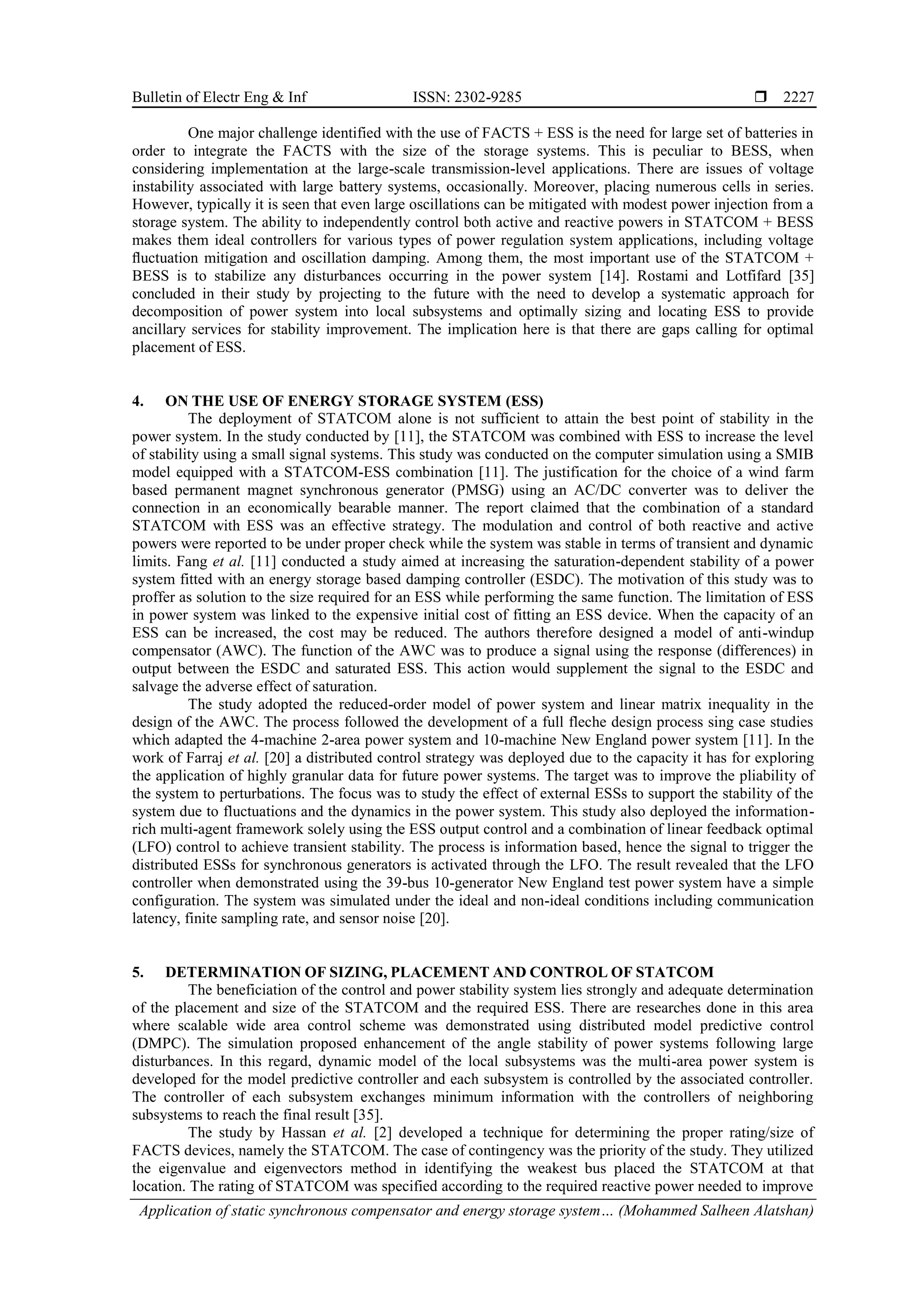 Application Of Static Synchronous Compensator And Energy Storage System
