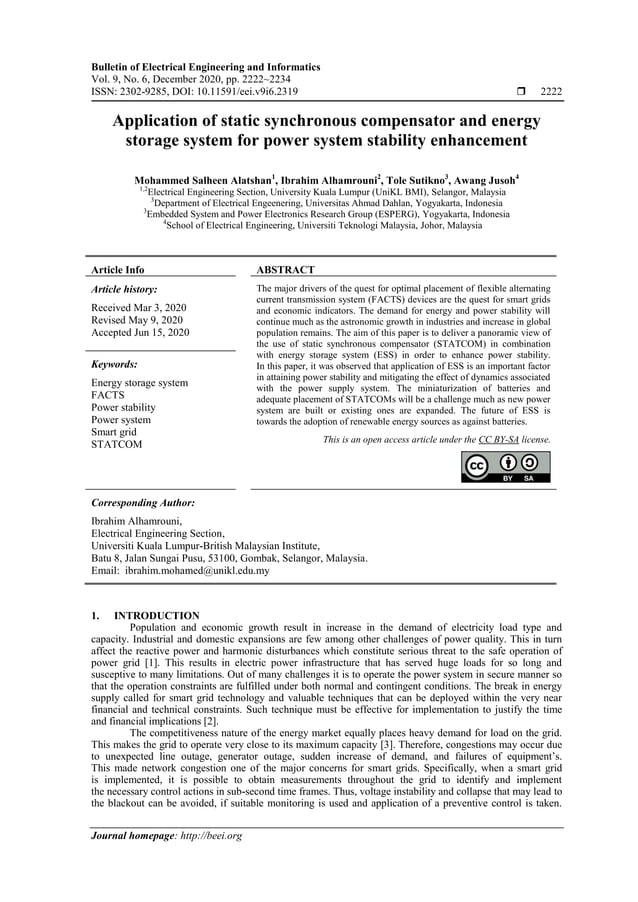Application Of Static Synchronous Compensator And Energy Storage System For Power System