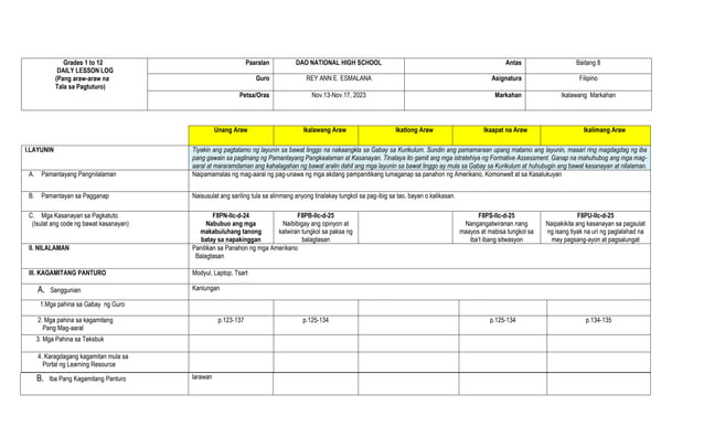 2nd Quarter DLL in Fillipino 8 -Linggo 2 | DOCX
