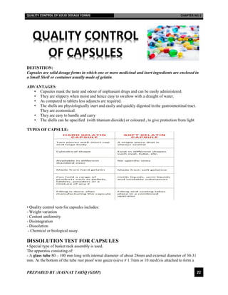 QUALITY CONTROL OF SOLID DOSAGE FORMS (TABLETS , CAPSULES & POWDERS) | PDF