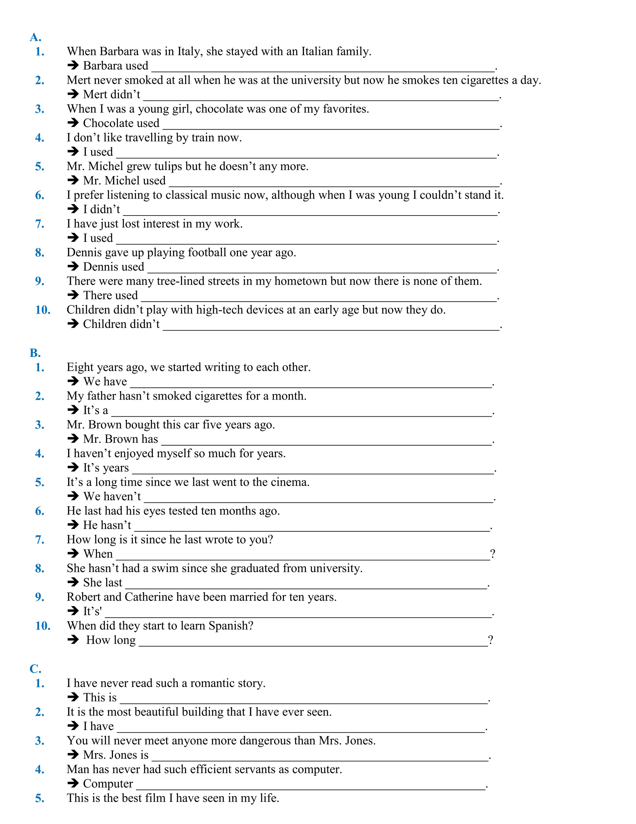 Rewrite sentence exercises for 10 grade students | DOCX