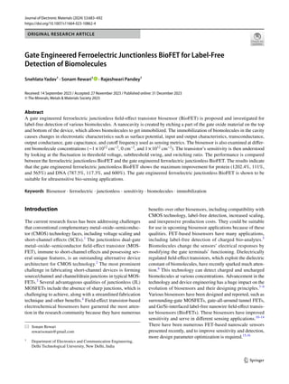 Nanowire FET based BioSensor for label free Detection | PDF