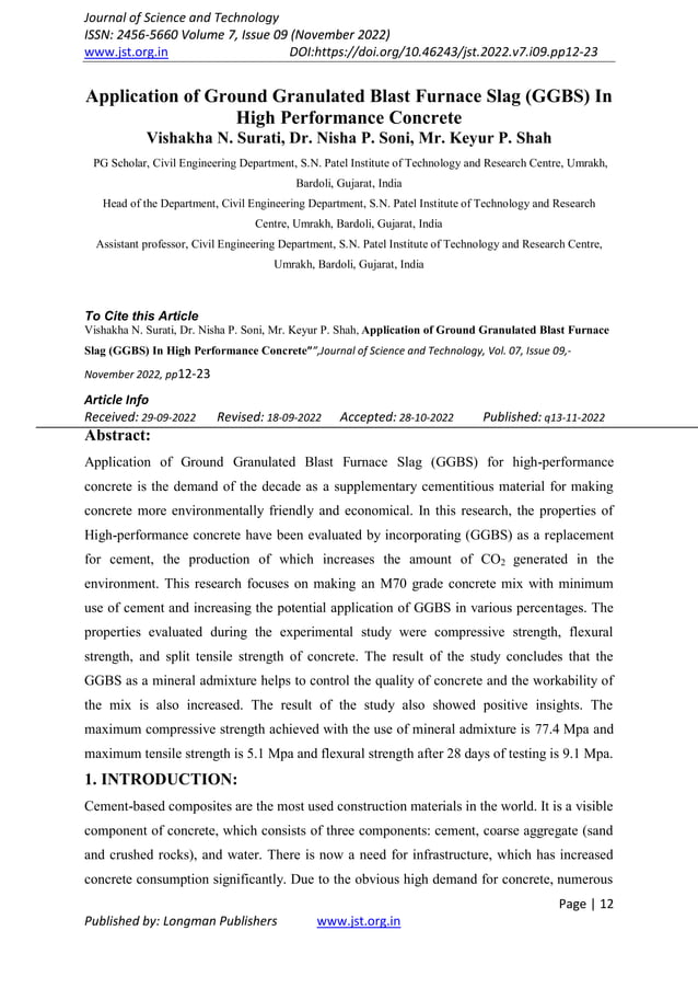 Application of Ground Granulated Blast Furnace Slag (GGBS) In High Performance Concrete | PDF