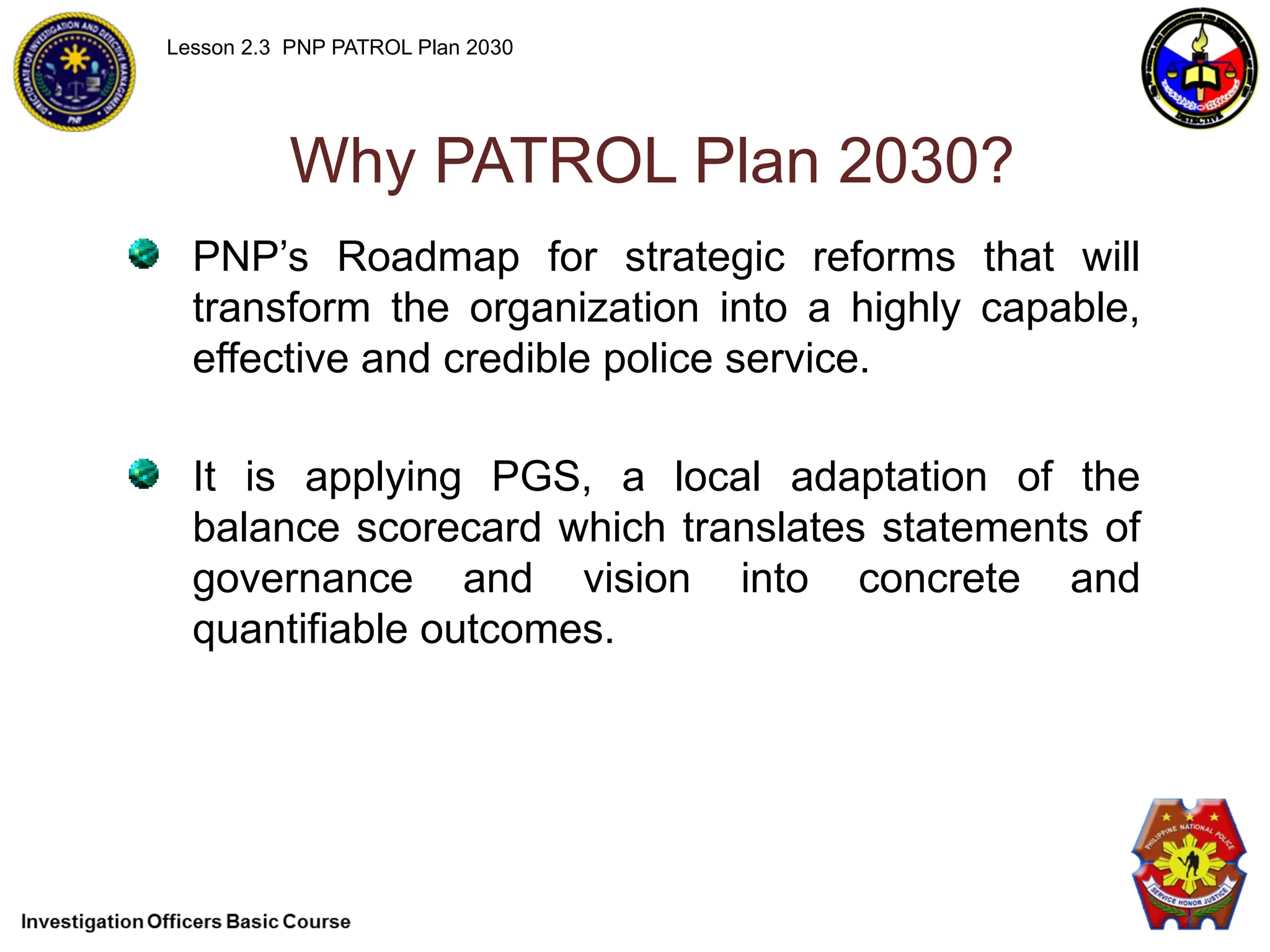 Patrol Plan 2030 for the Investigation Officers Course | PPTX