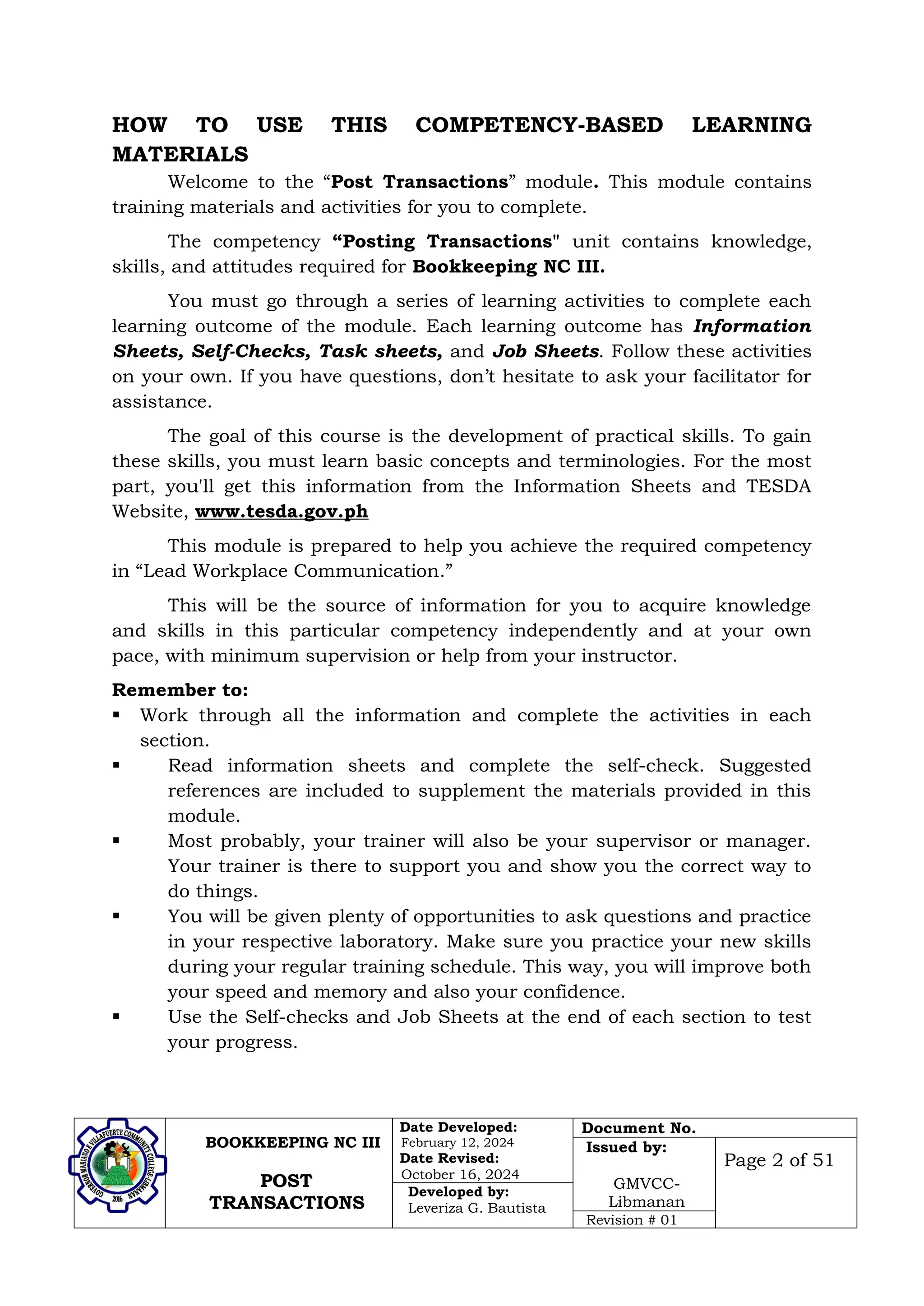 core 2, competency based learning materials | DOCX