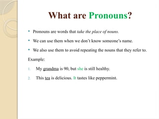 2. Kinds of Pronouns: personal (I, you, they), possessive (mine, yours ...