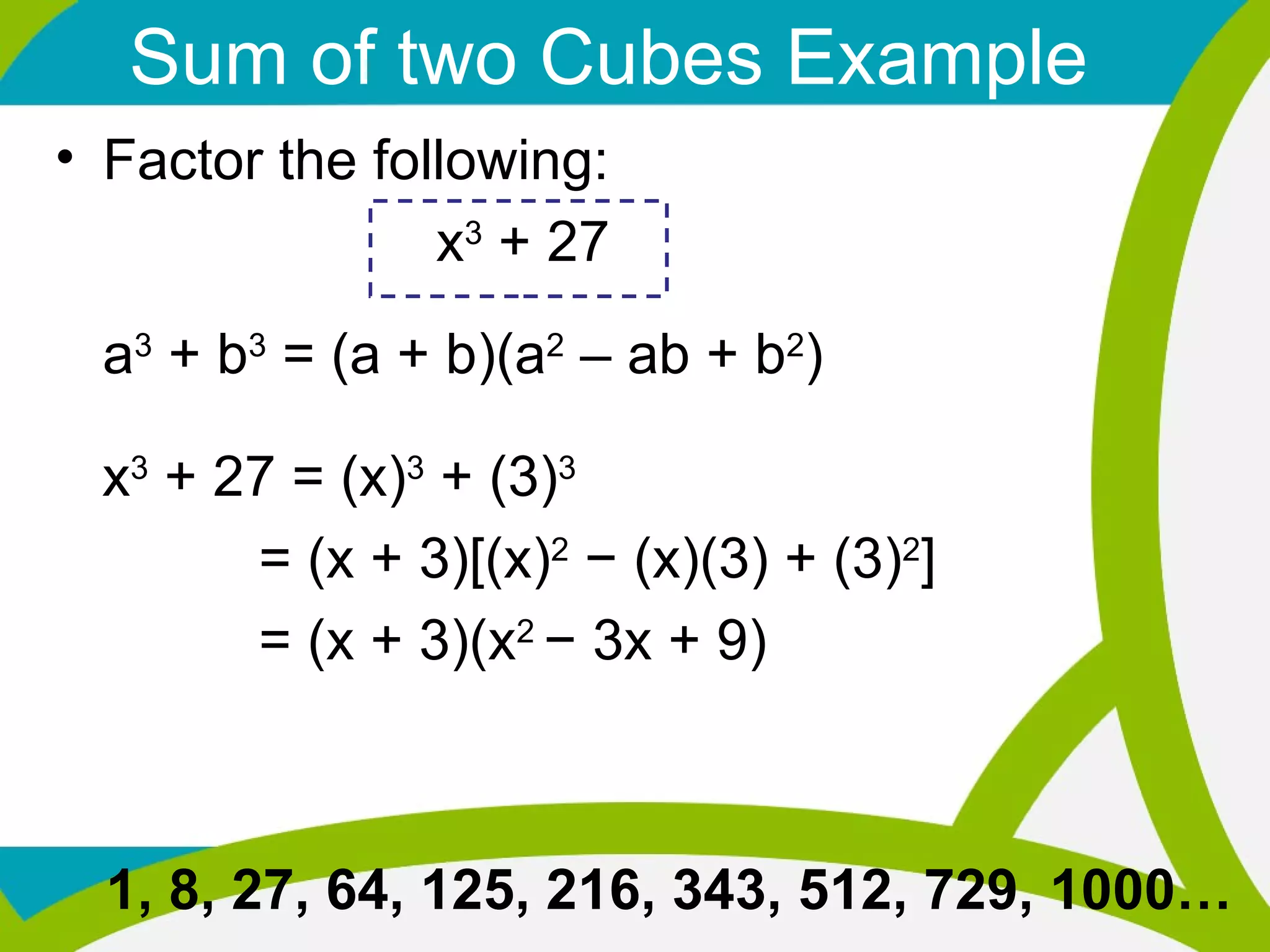 2/27/12 Special Factoring - Sum & Difference of Two Cubes | PPT