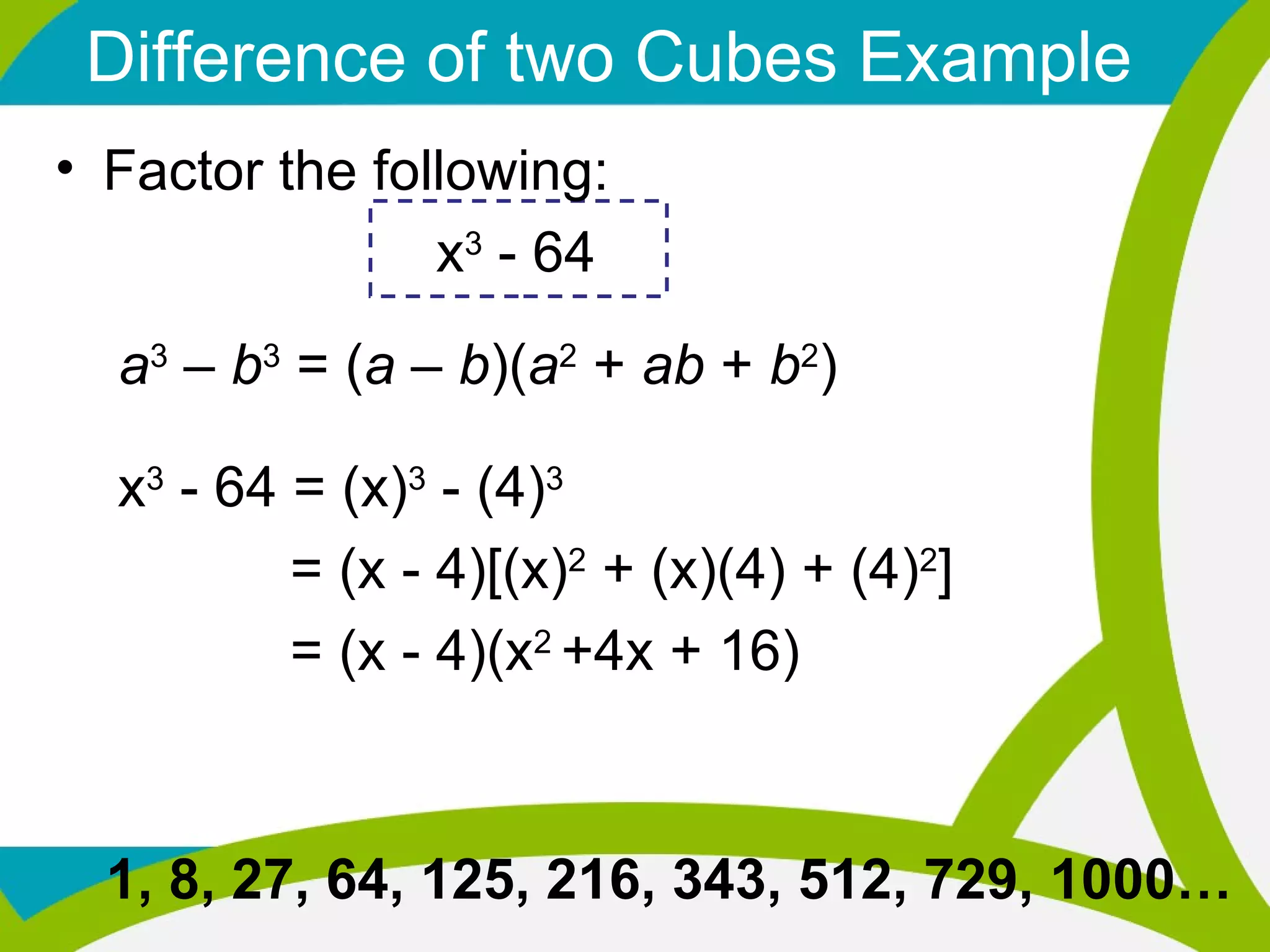 2/27/12 Special Factoring - Sum & Difference of Two Cubes | PPT