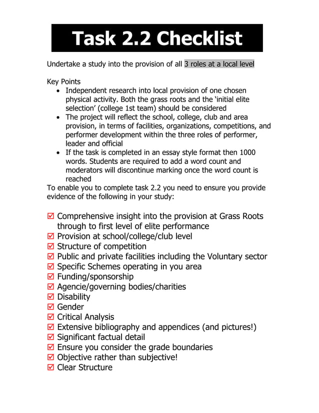 Task 2.2 Local Study checklist | DOC | Educational Assessment | Education