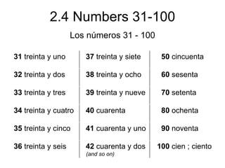 Spanish Numbers 31 100