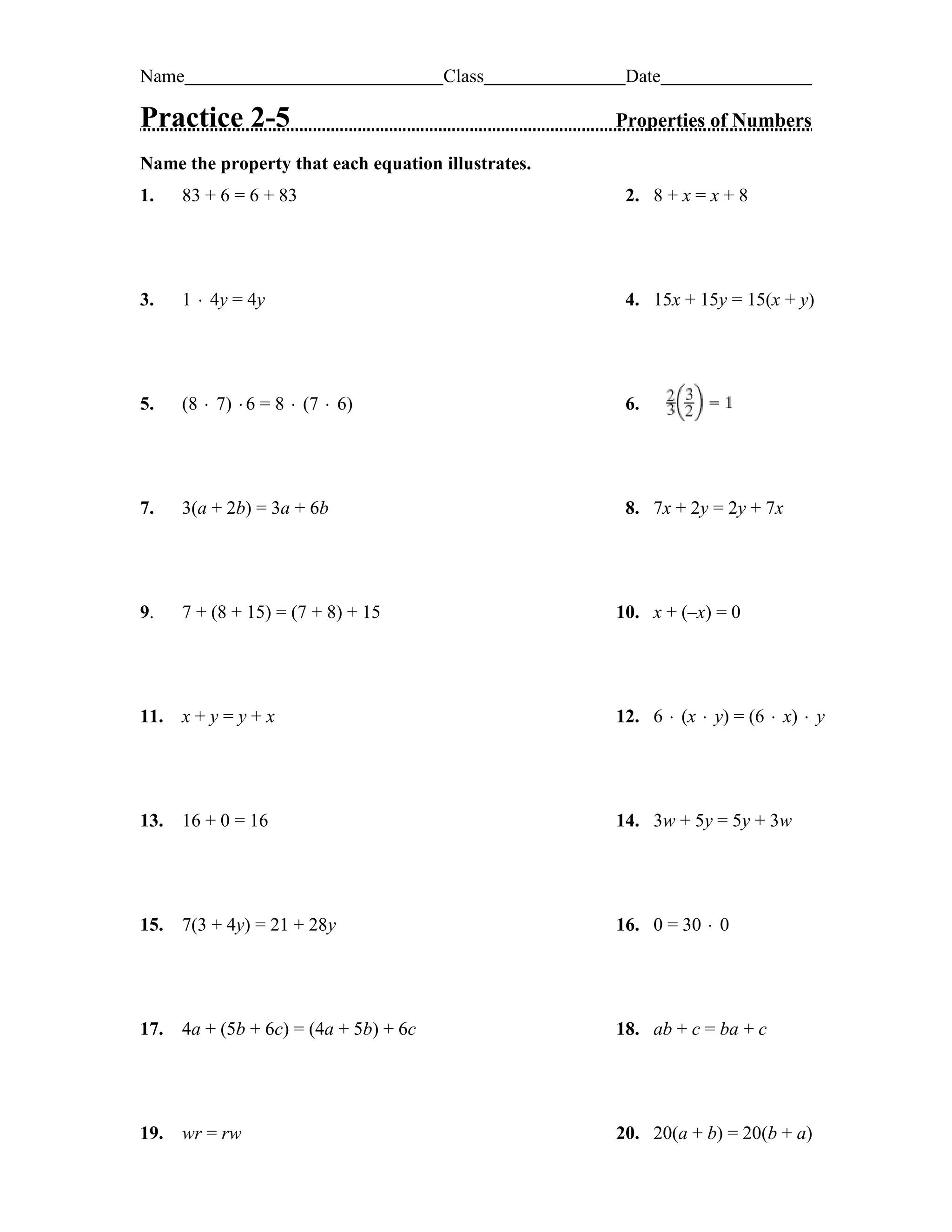 Properties of Numbers Math Worksheet | PDF