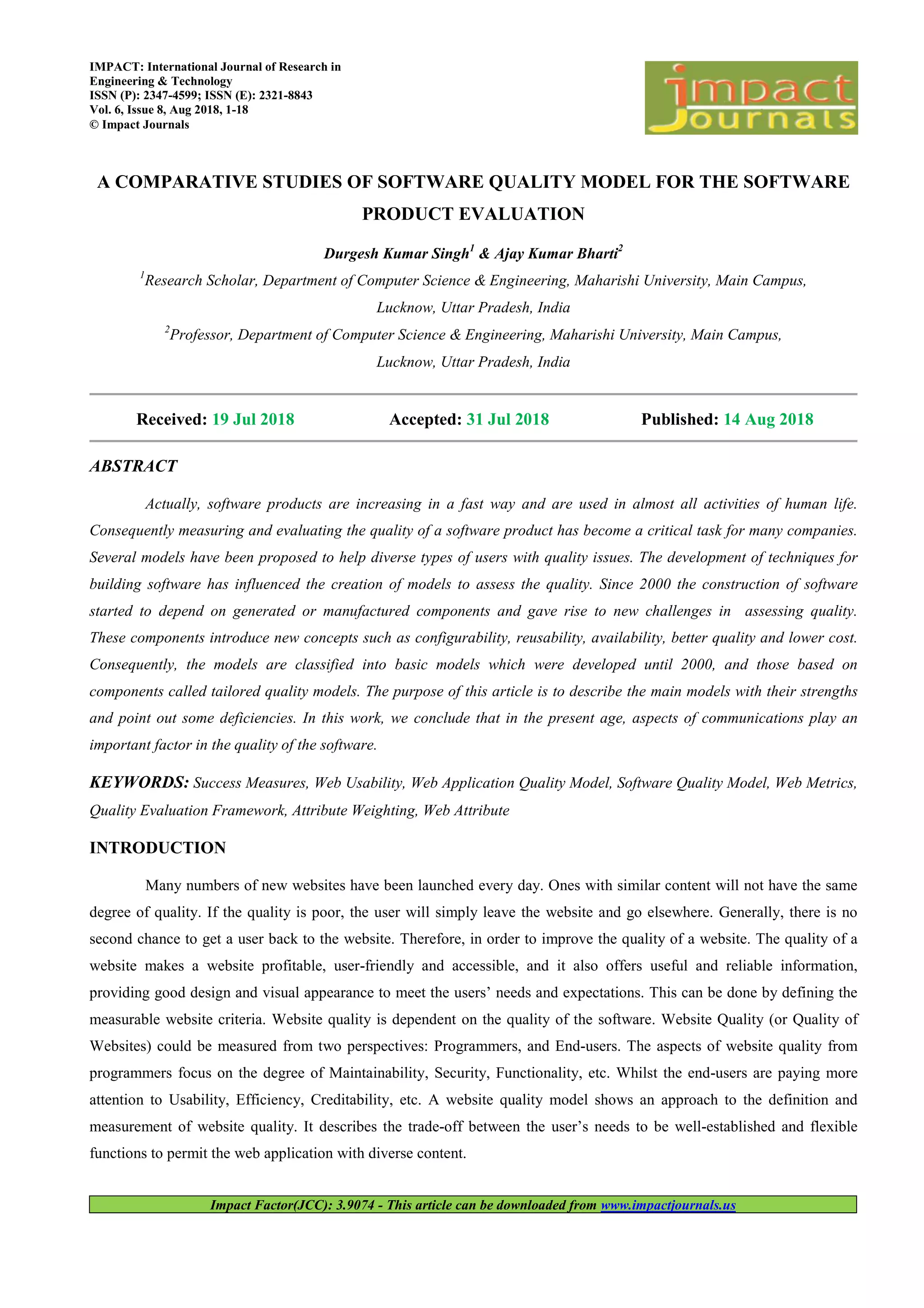 A comparative studies of software quality model for the software product evaluation | PDF