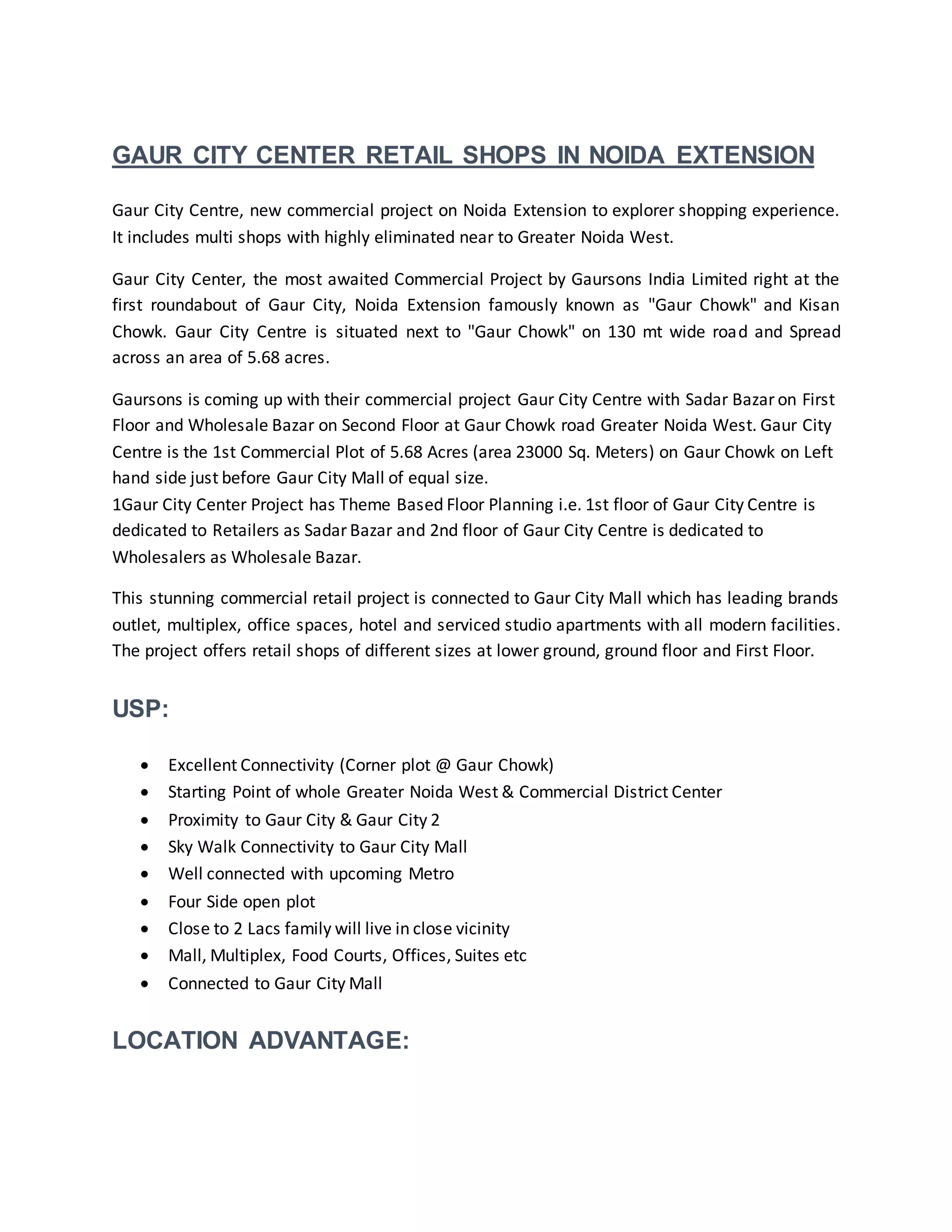 GAUR CITY CENTER RETAIL SHOPS IN NOIDA EXTENSION | DOCX