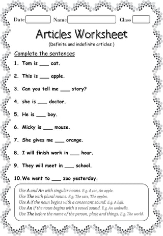 Articles Worksheet | PDF
