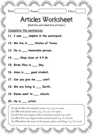 Articles Worksheet | PDF