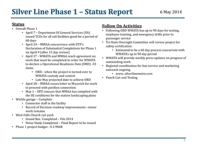 Silver Line Phase 1-Status Report: May 6, 2014 | PPT