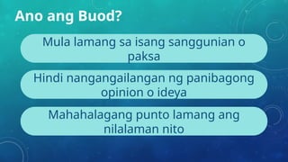2 - BUOD AT SINTESIS.pptx ANG PAGBUBUOD AT SINTESIS SA MGA SULATIN | PPTX