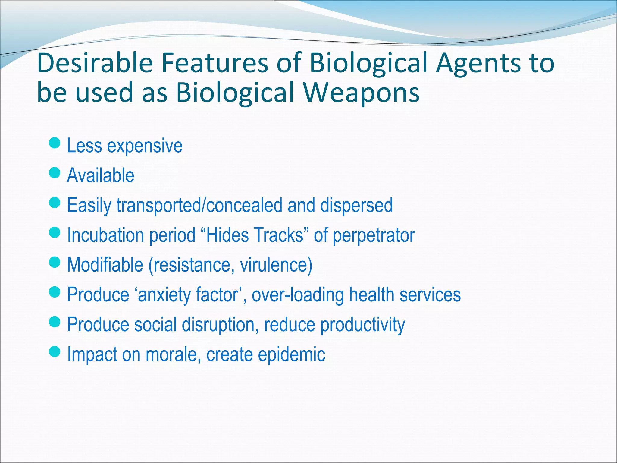2.characteristics of biowarfare agents and their methods of spread ...
