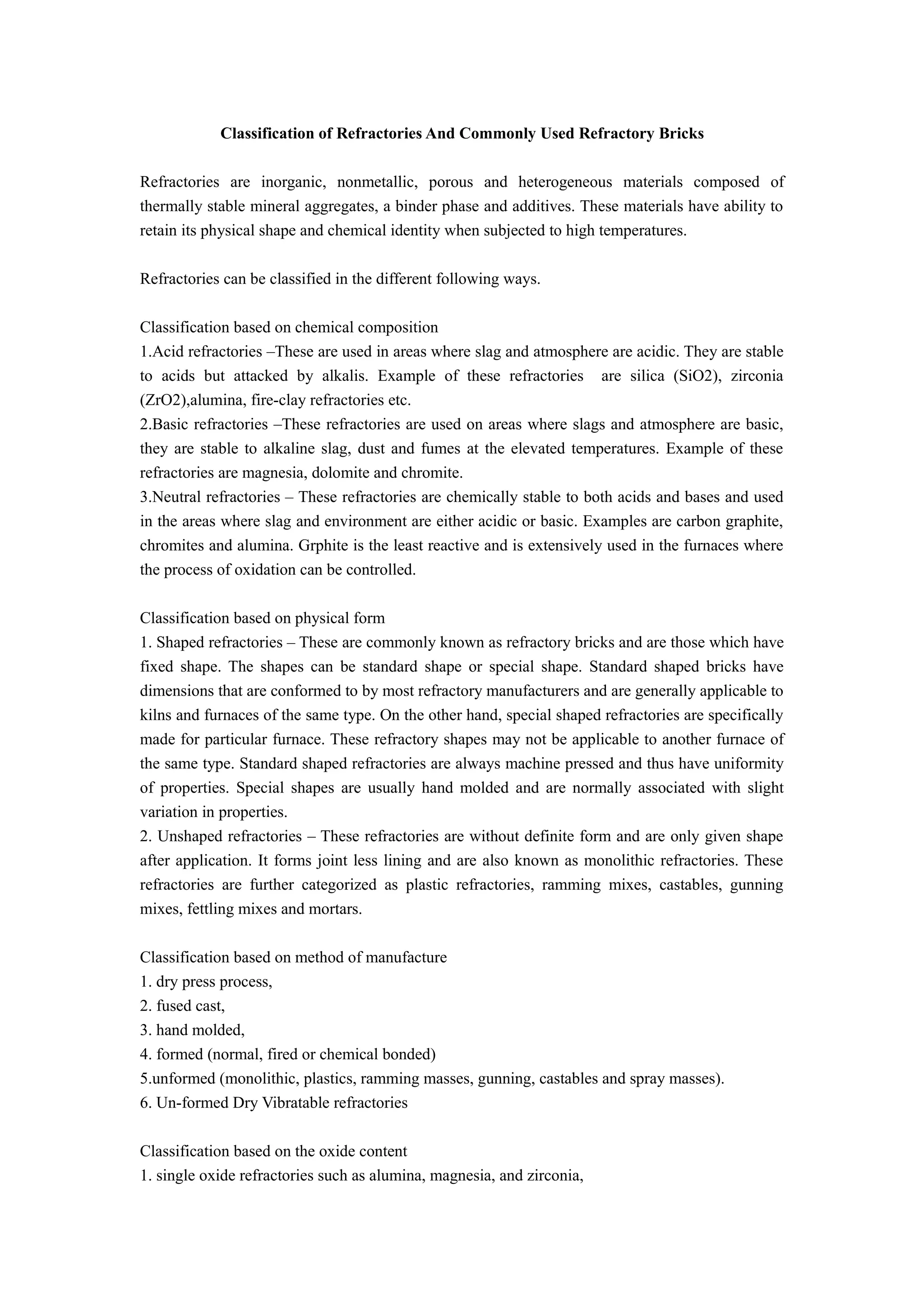 classification of refractories and commonly used refractory bricks | DOC