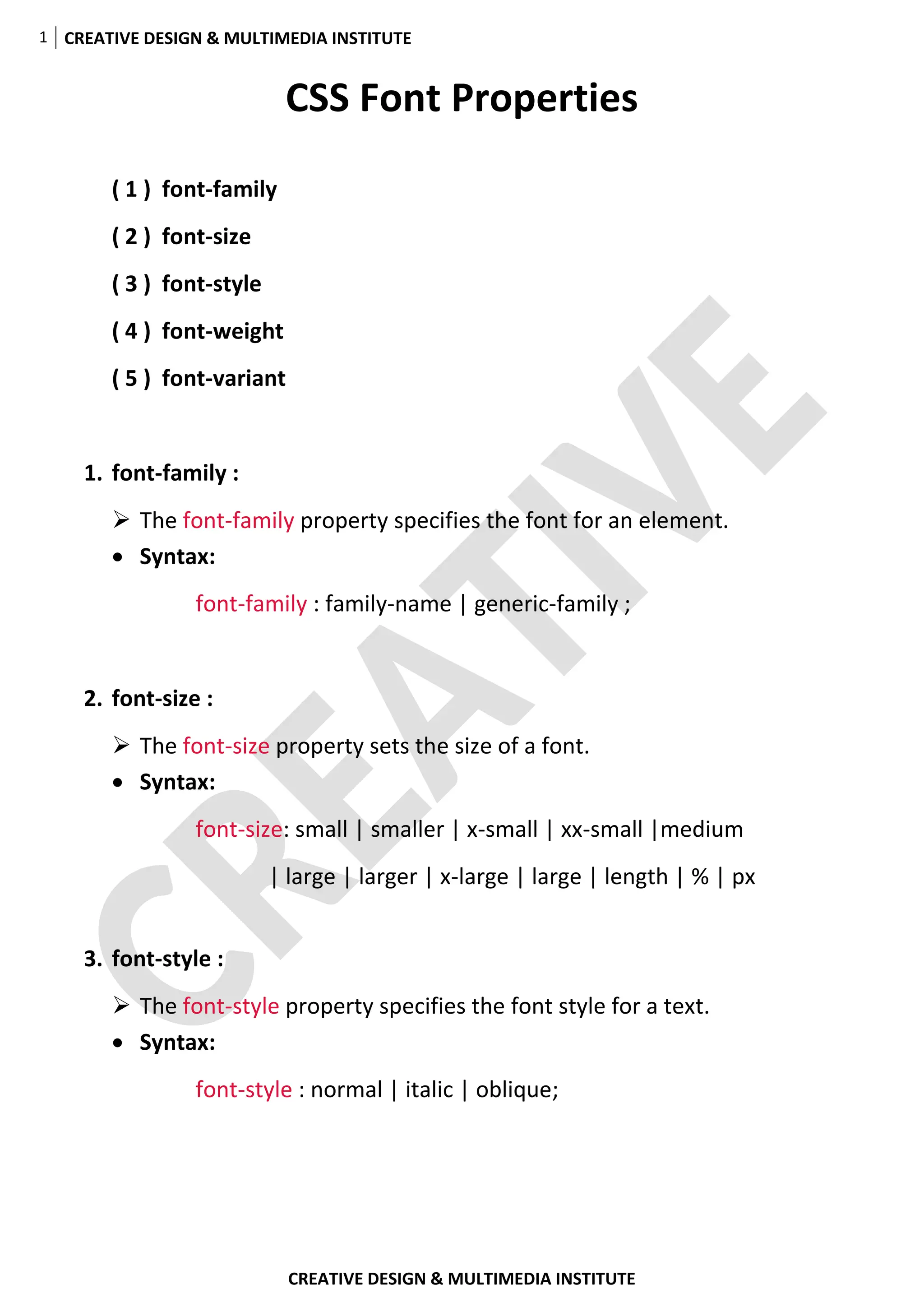 Learn CSS Font Text from this pdf, provided by Creative Design and ...