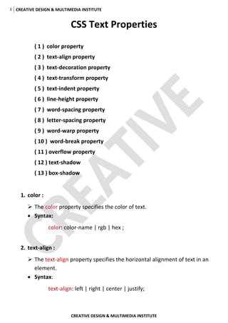 Learn CSS Font Text from this pdf, provided by Creative Design and ...