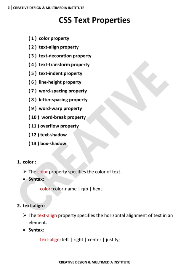 Learn Css Font Text From This Pdf Provided By Creative Design And