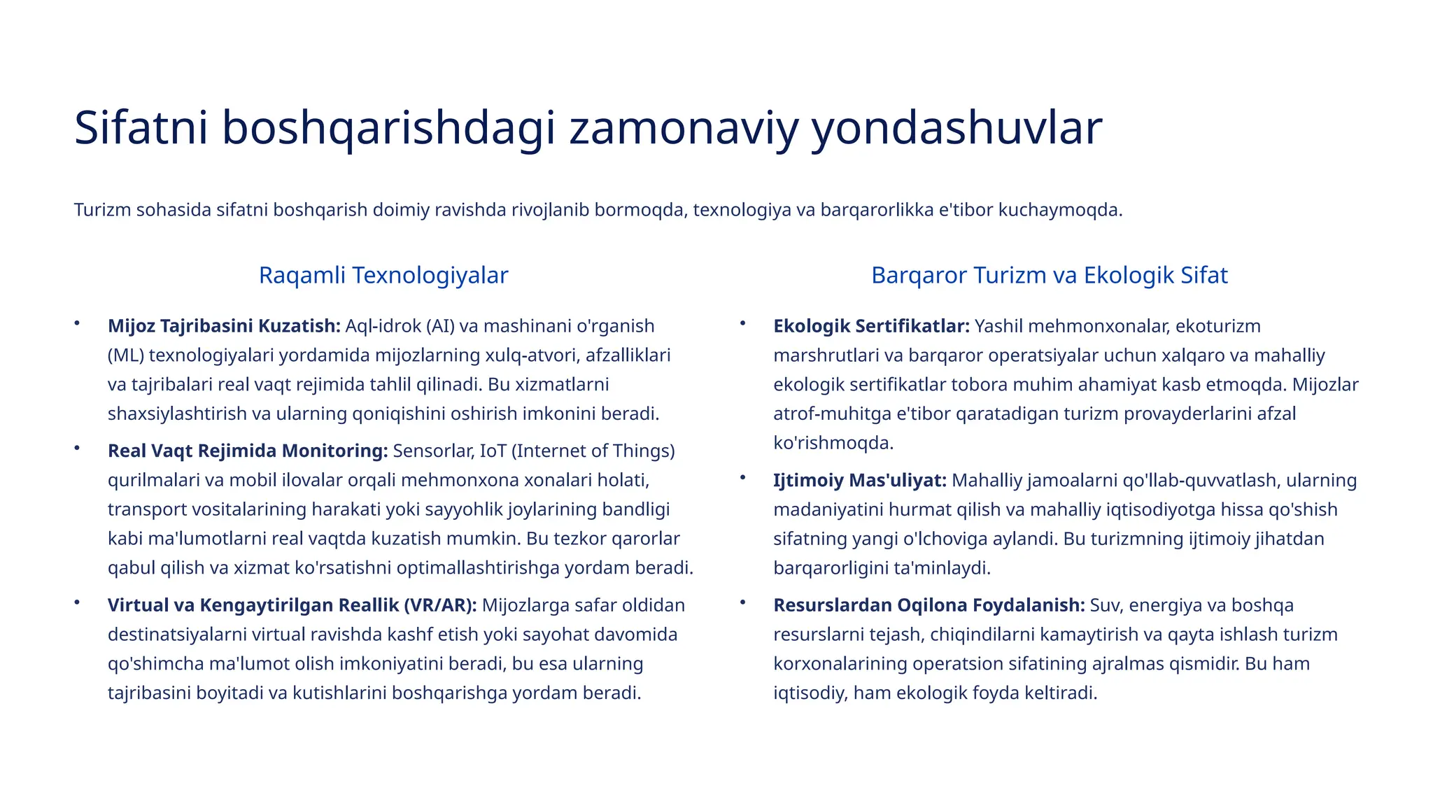 Turizmda sifatni boshqarish asosiy tushunhcalar | PPTX