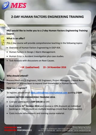 MES 2 day Human Factors Engineering Training Course 2016 | PDF