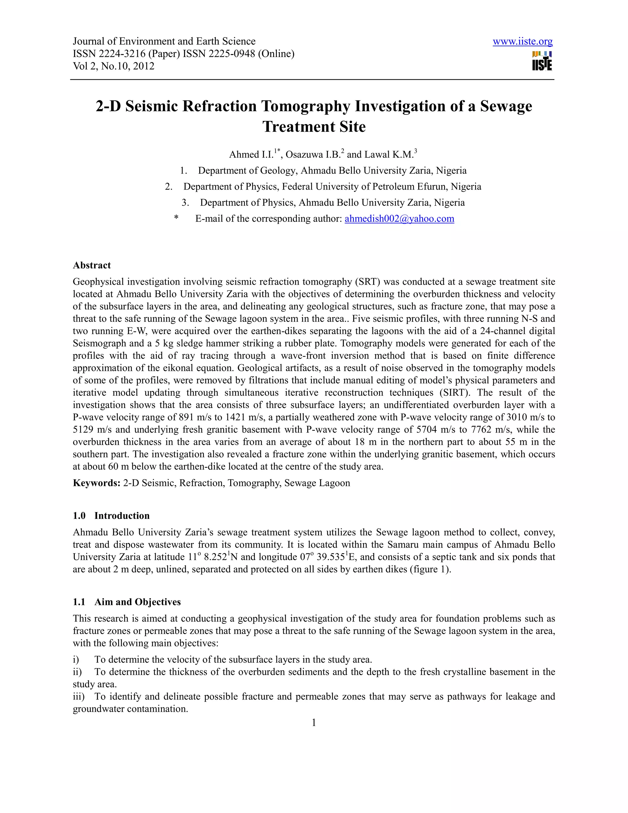 2 d seismic refraction tomography investigation of a sewage treatment ...