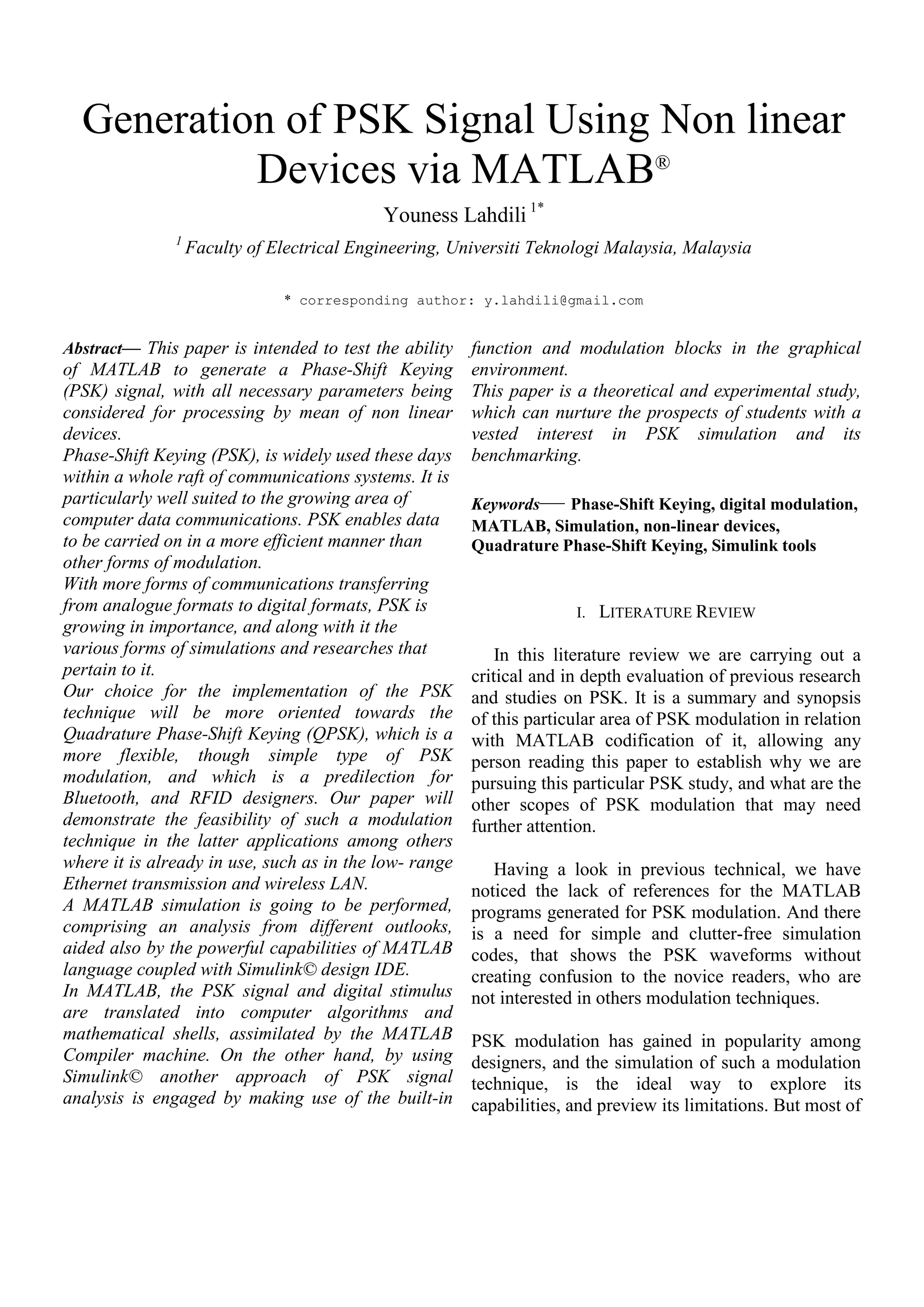 2 - Generation of PSK signal using non linear devices via MATLAB ...