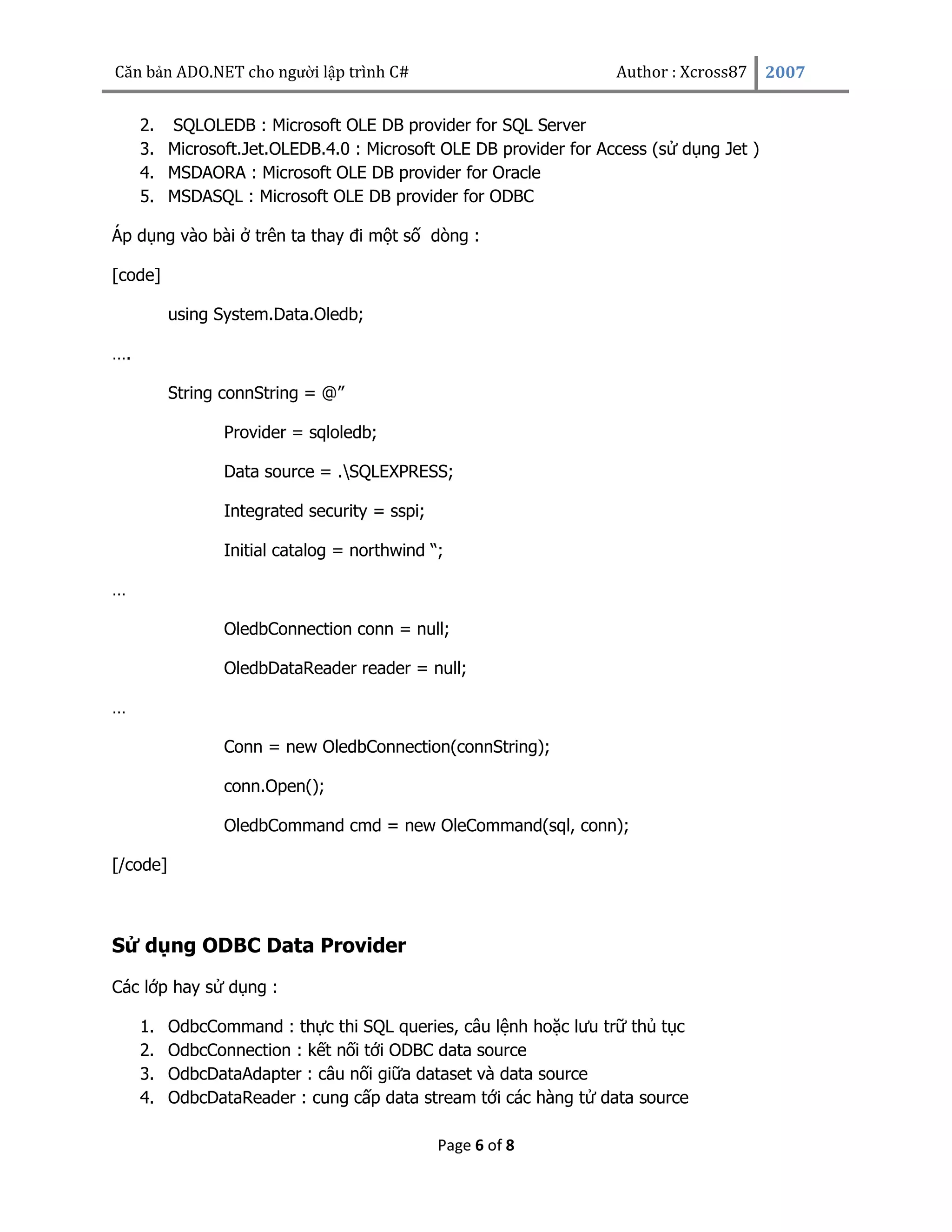 2.gioi thieu co ban ado.net cho nguoi lap trinh c# | DOCX