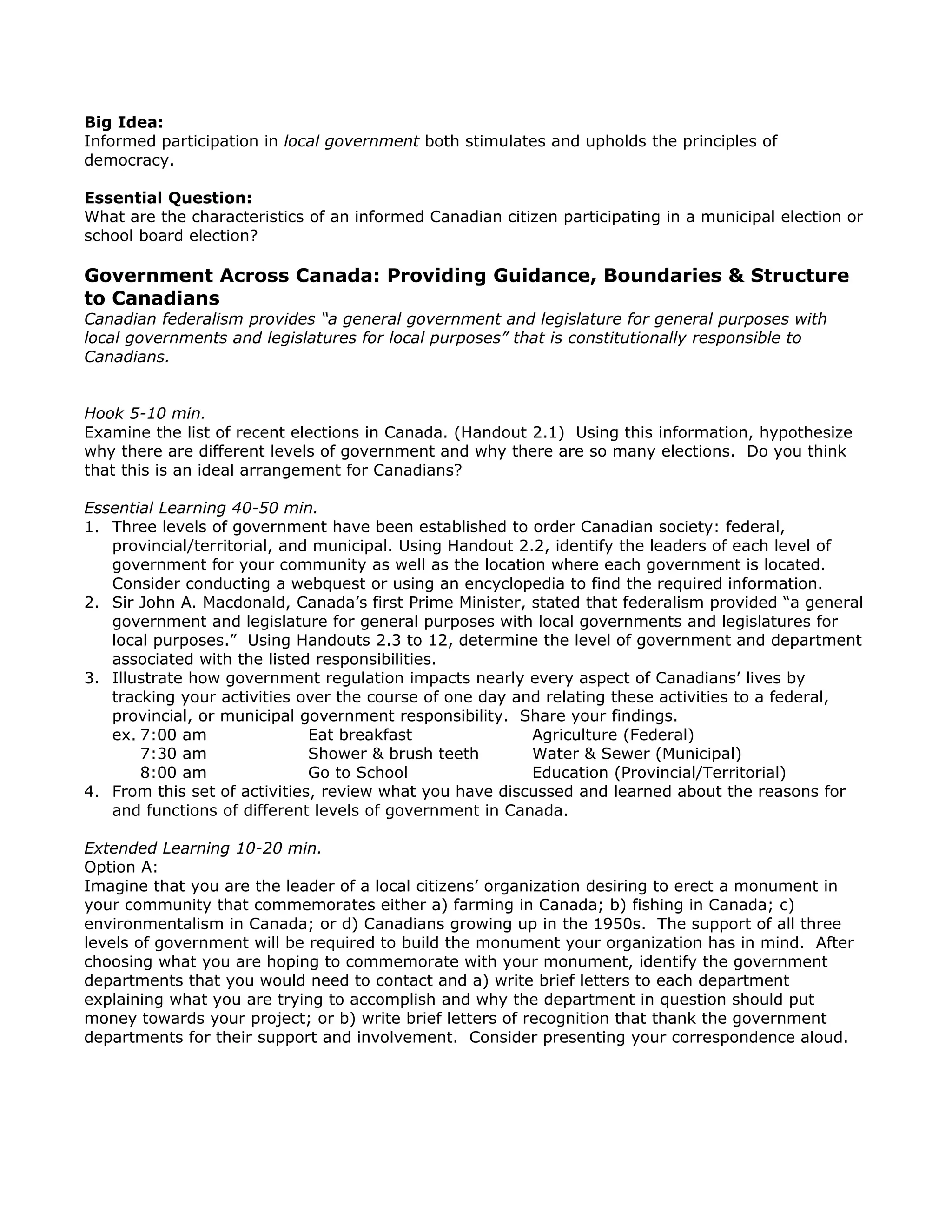 Municipal Election Lesson 2 - Levels of Government in Canada | DOC