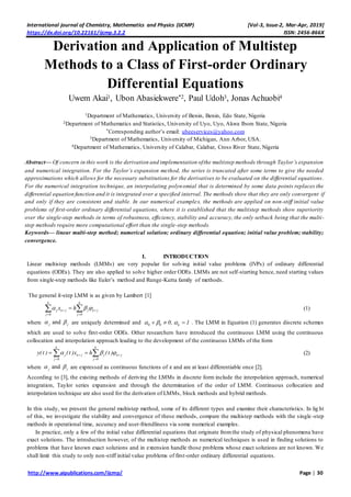Derivation and Application of Multistep Methods to a Class of First-order Ordinary Differential ...