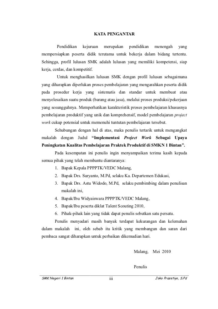 Contoh Kata Pengantar Proposal Project Work - Peran Sekolah
