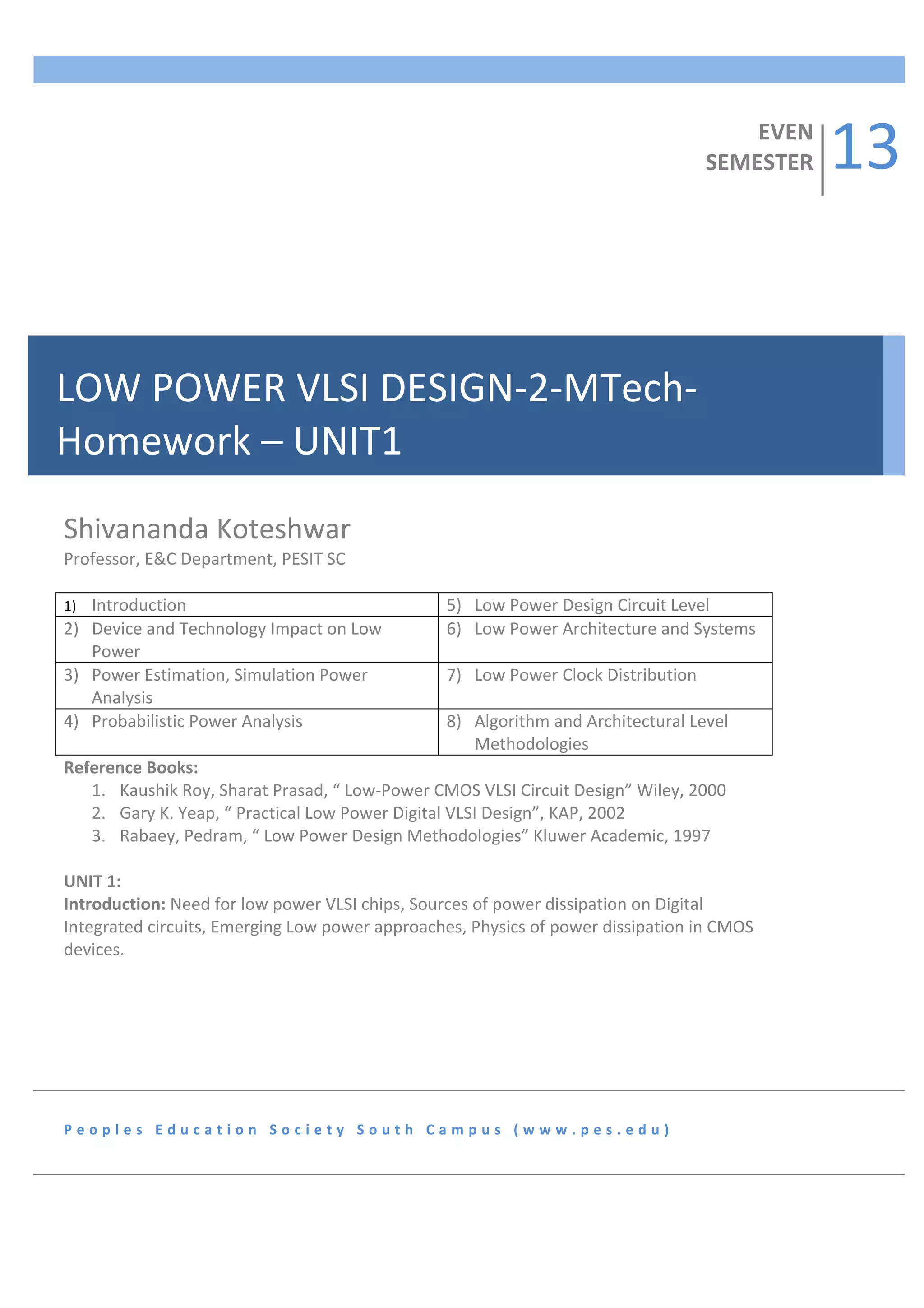 2Sem-MTech-Low Power VLSI Design Homework - Unit1 | PDF