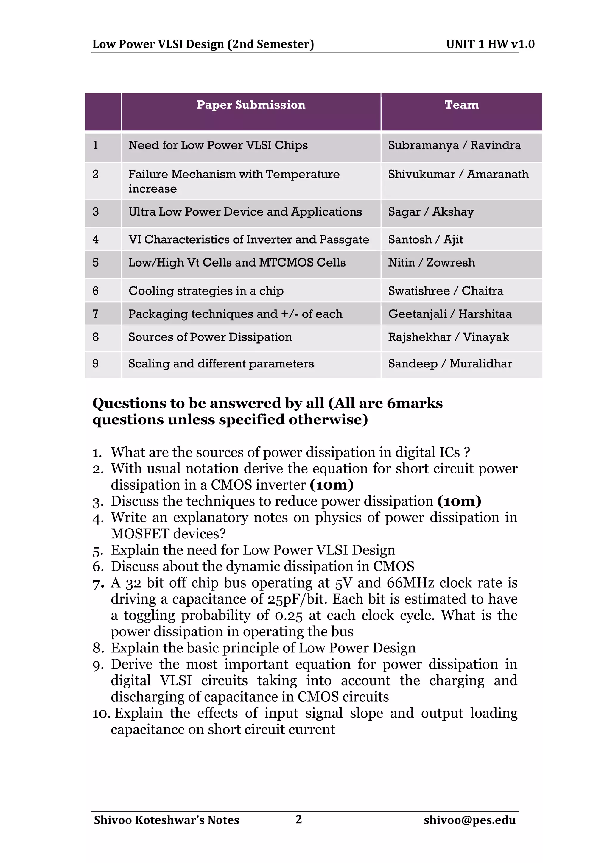 2Sem-MTech-Low Power VLSI Design Homework - Unit1 | PDF