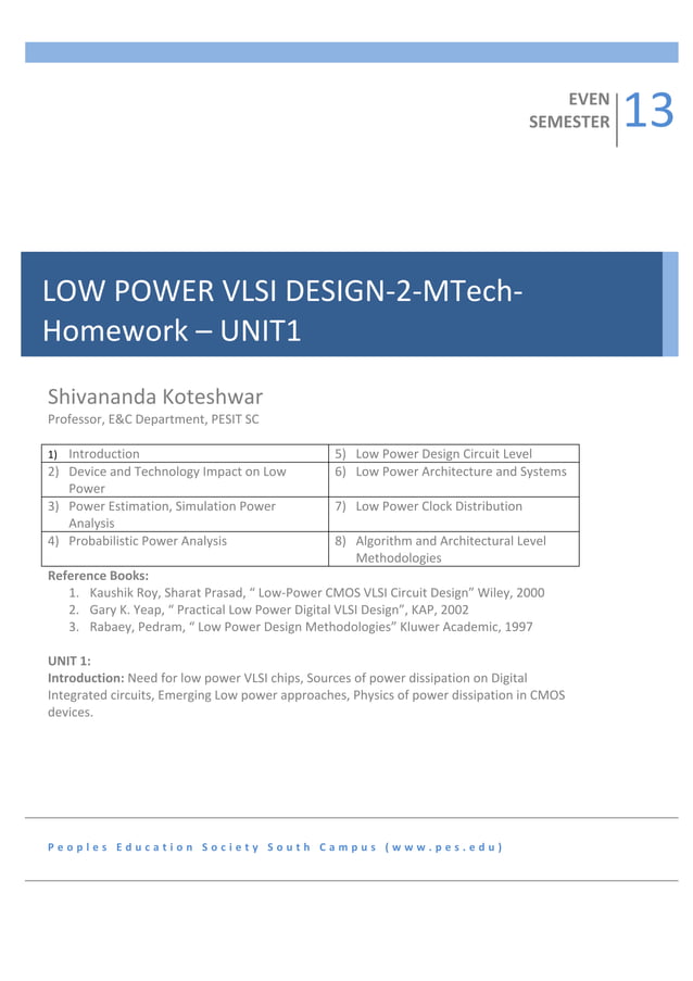2Sem-MTech-Low Power VLSI Design Homework - Unit1 | PDF