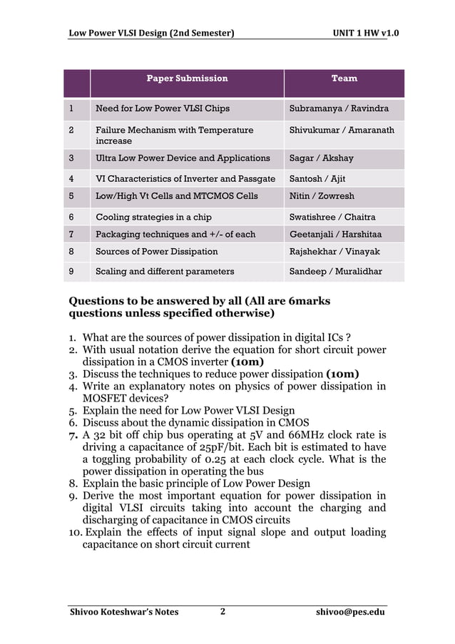 2Sem-MTech-Low Power VLSI Design Homework - Unit1 | PDF