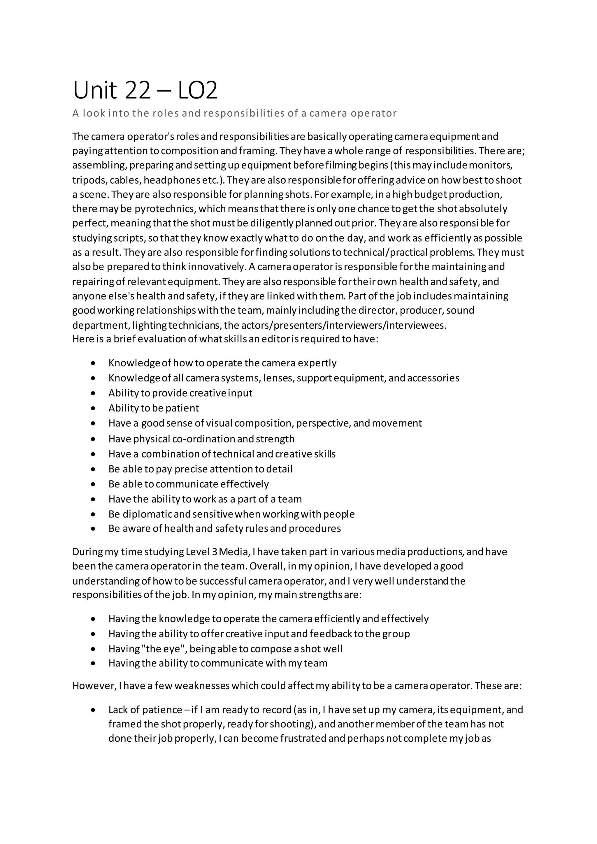2) M2 Roles & Responsibilities of a Camera Operator | DOCX | Cameras ...
