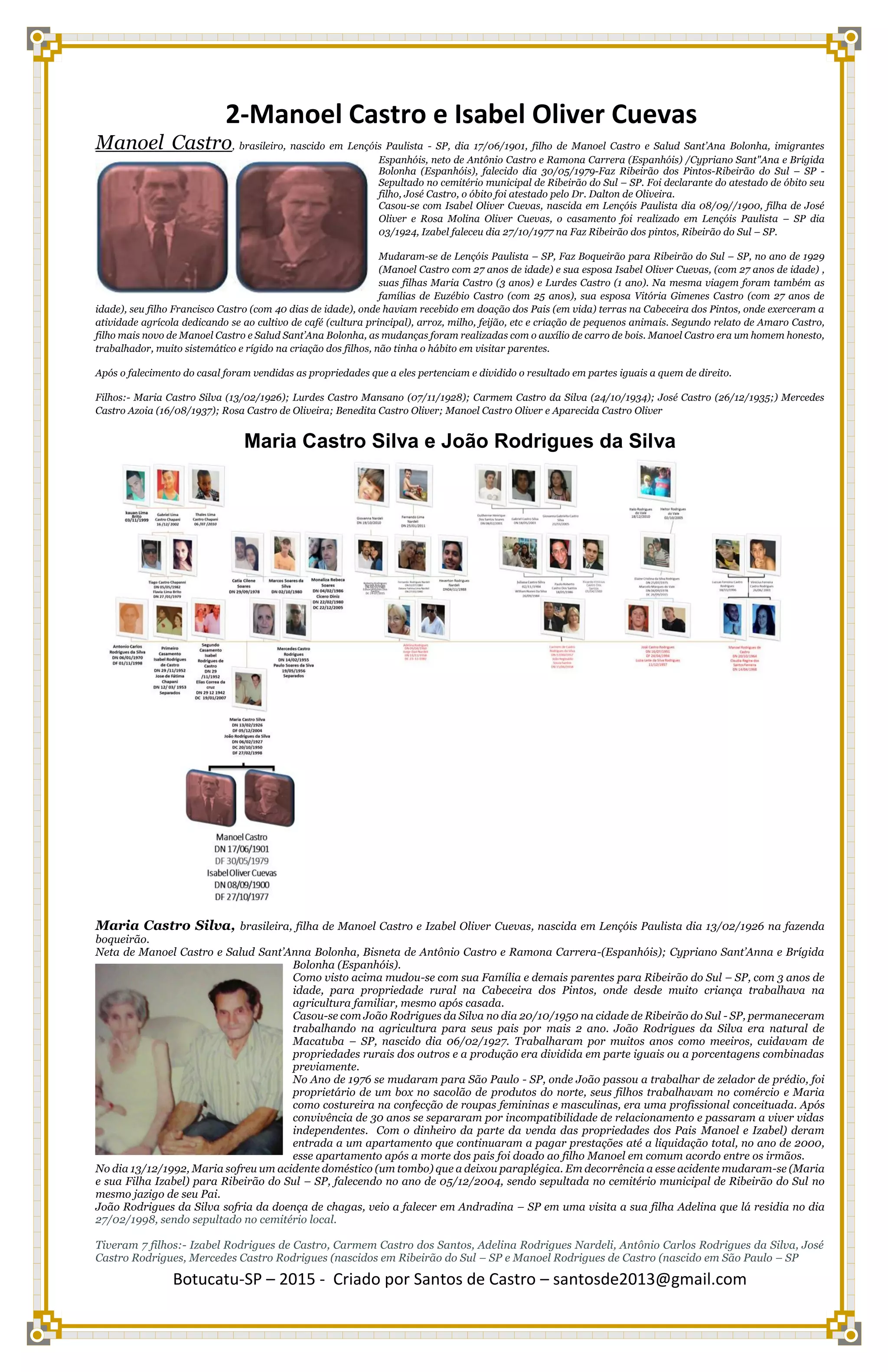 Arvore Genealógica Família Castro-Descendentes de Manoel Castro e Salu ...