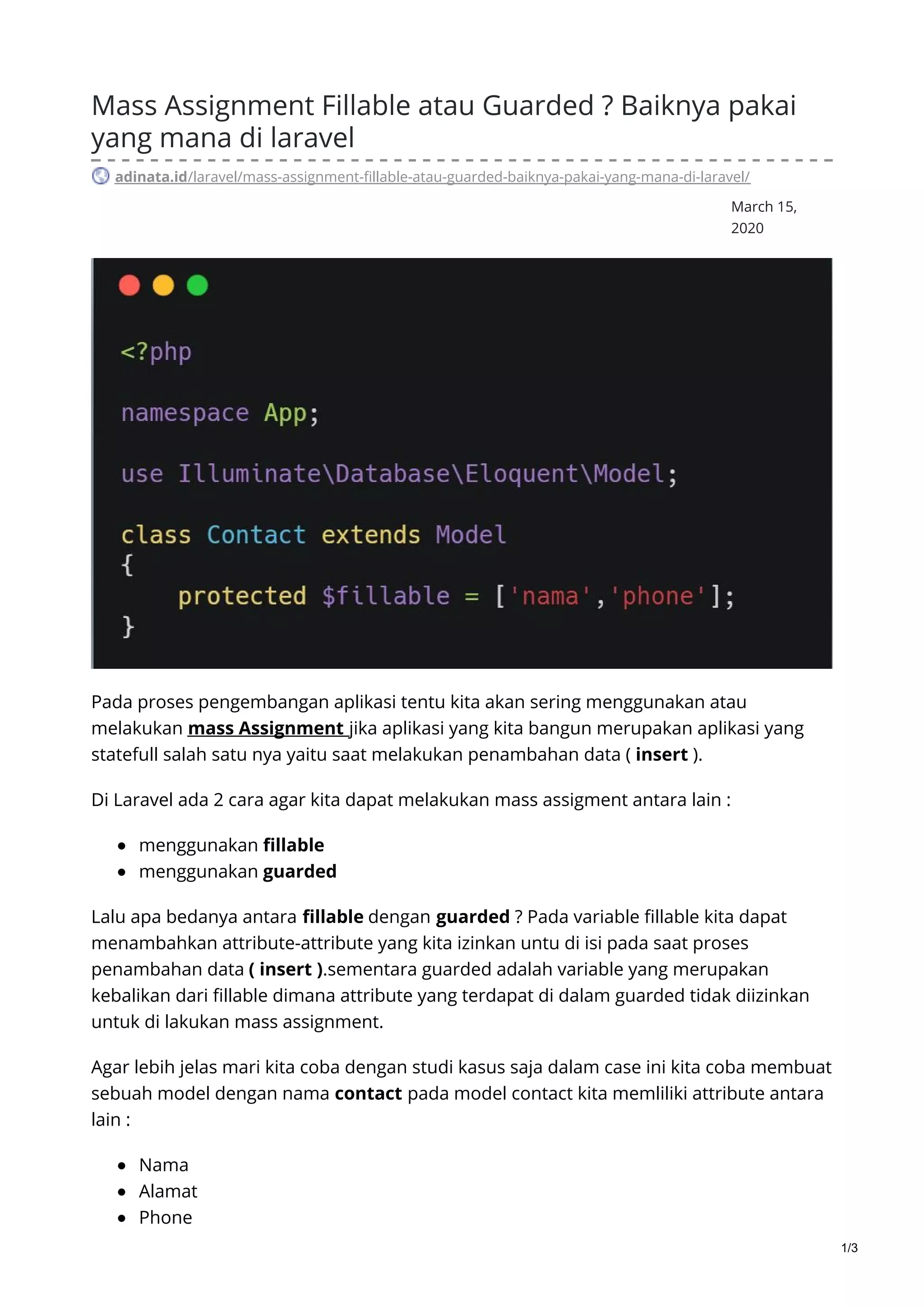 mass assignment fillable atau guarded baiknya pakai yang mana di laravel | PDF