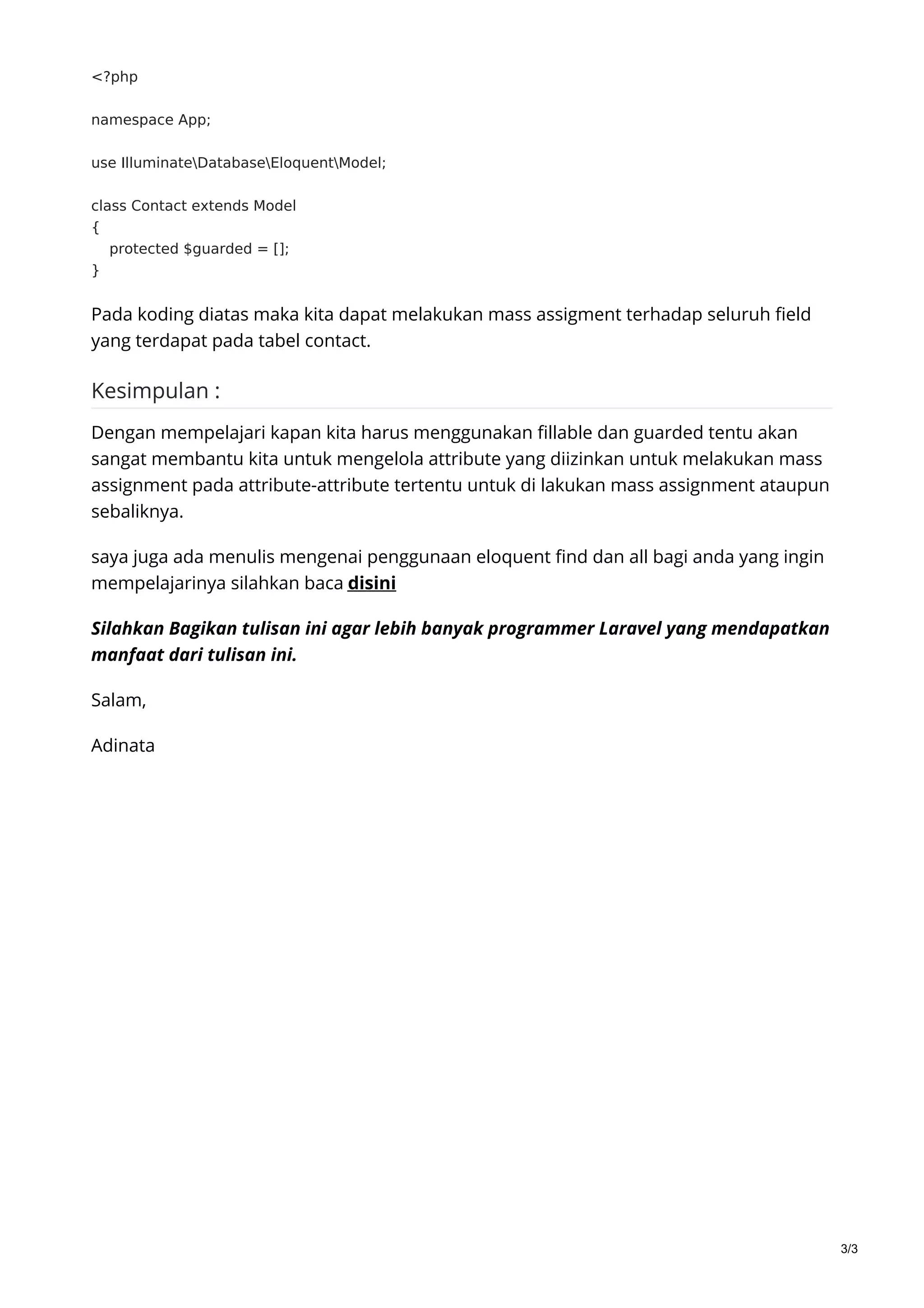 mass assignment fillable atau guarded baiknya pakai yang mana di laravel | PDF