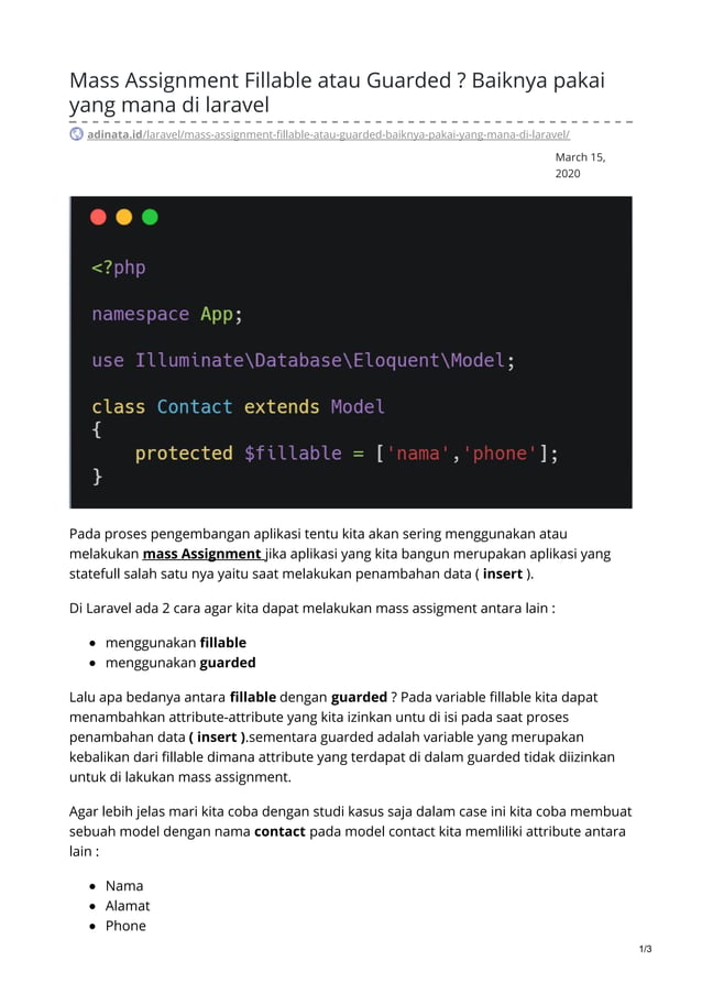 mass assignment fillable atau guarded baiknya pakai yang mana di laravel | PDF